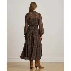 Ralph Lauren Paisley Georgette Tie-neck Tiered Dress