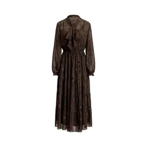 Ralph Lauren Paisley Georgette Tie-neck Tiered Dress