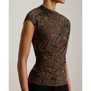 Ralph Lauren Paisley Shirred Jersey Mockneck Top