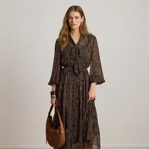 Ralph Lauren Paisley Georgette Tie-neck Tiered Dress - Black Multi