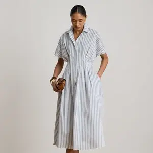 Ralph Lauren Striped Pleated Broadcloth Shirtdress - Blue Multi