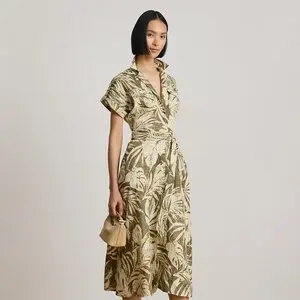 Ralph Lauren Palm-frond-print Linen Camp Shirtdress - Olive Multi