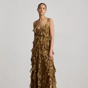 Ralph Lauren Python-print Ruffle-trim Georgette Gown - Tan Multi