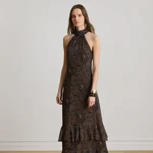 Ralph Lauren Paisley Georgette Tiered Mockneck Gown - Black Multi