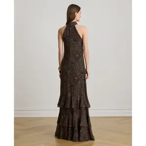 Ralph Lauren Paisley Georgette Tiered Mockneck Gown