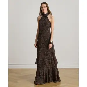 Ralph Lauren Paisley Georgette Tiered Mockneck Gown