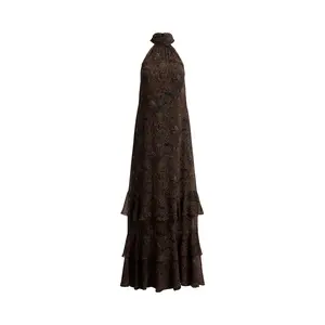 Ralph Lauren Paisley Georgette Tiered Mockneck Gown