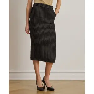 Ralph Lauren Chalk-stripe Linen Pencil Midi Skirt - Black/tan