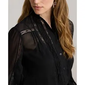 Ralph Lauren Lace-trim Crinkle Georgette Blouse - Black