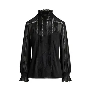 Ralph Lauren Lace-trim Crinkle Georgette Blouse - Black