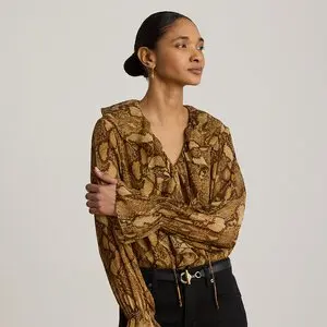 Ralph Lauren Print Ruffle-trim Georgette Blouse - Tan Multi