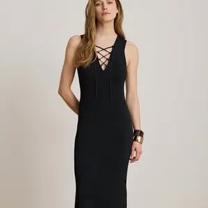 Ralph Lauren Lace-up Rib-knit Sleeveless Gown - Black