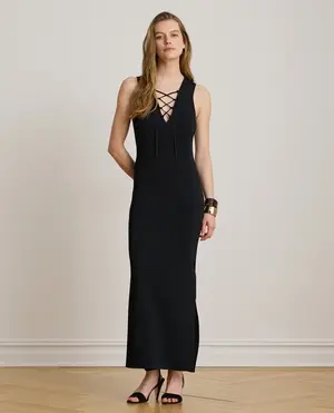 Ralph Lauren Lace-up Rib-knit Sleeveless Gown
