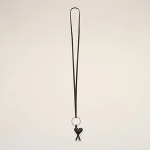 AMI Paris Black Cowhide Leather Keyring With De Coeur Black - Black/ivory