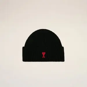 AMI Paris Black Wool Beanie - Black/red