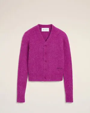 AMI Paris Purple Wool And Alpaca Cardigan With Embroidery Purple