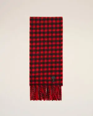AMI Paris Red Checkered Wool Scarf With De Coeur Red - Ruby Red/black
