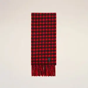 AMI Paris Red Checkered Wool Scarf With De Coeur Red