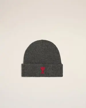 AMI Paris Grey Wool Beanie With De Coeur Grey