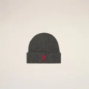 AMI Paris Grey Wool Beanie With De Coeur Grey