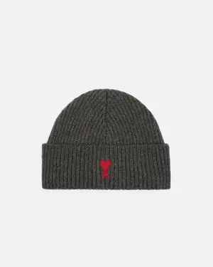 AMI Paris Wool Beanie With De Coeur Logo - Heather Grey/red