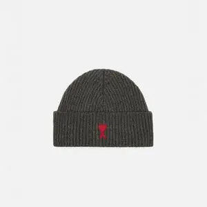 AMI Paris Wool Beanie With De Coeur Logo - Heather Grey/red