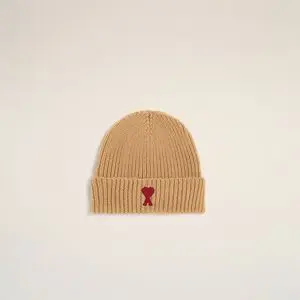 AMI Paris Brown Wool Beanie With De Coeur Brown