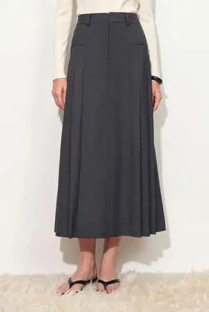 Fabrique Gloria High Waist Pleated Midi Skirt In Wool Blend - Grey