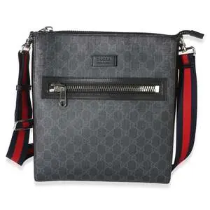 Gucci Black Gg Supreme Canvas Web Flat Messenger Bag