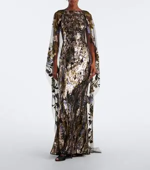 Elie Saab Floral Sequined Caped Gown