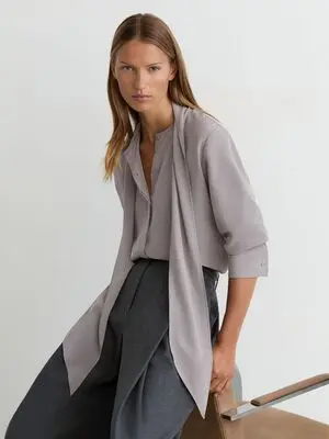 REISS Kathlyn Matte-silk Tie-neck Blouse - Grey