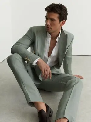 REISS Atlantic Linen-twill Double-breasted Blazer Tailored-fit - Sage