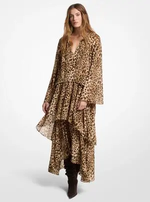 Michael Kors Leopard Print Georgette High-low Dress In Size By - Brown