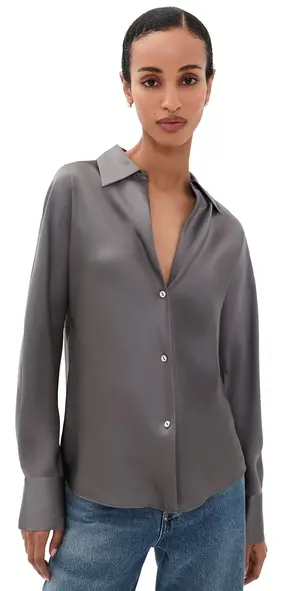 Vince Bias Silk Button Down Shirt - Wolf