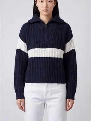 LISA YANG Bicolour Abstract Pattern Cashmere Zip Neck Jumper - Blue