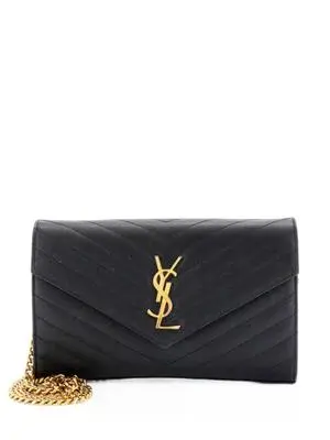 Saint Laurent Classic Monogram Wallet On Chain Matelasse Chevron Leather Medium Crossbody Bag - Black