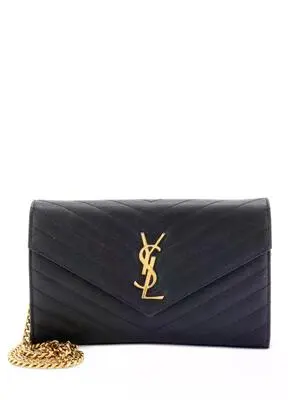 Saint Laurent Classic Monogram Wallet On Chain Matelasse Chevron Leather Medium Crossbody Bag - Black