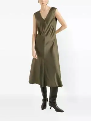 Brunello Cucinelli Satin-cady Flared Dress With Monili - Green