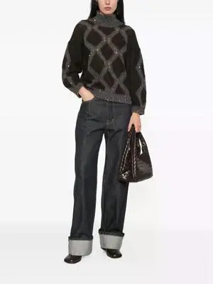 PANICALE Sequin-embellished Argyle Knit Mock Neck Sweater