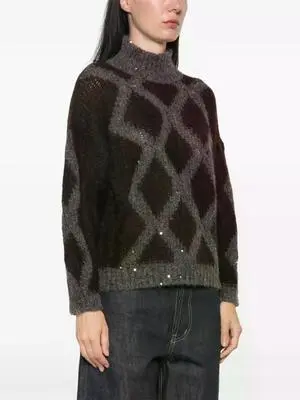 PANICALE Sequin-embellished Argyle Knit Mock Neck Sweater