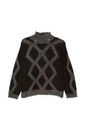 PANICALE Sequin-embellished Argyle Knit Mock Neck Sweater - Brown