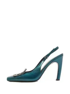 Tory Burch Teal Green Leather Metallic Square Toe Embellished Slingback Pumps