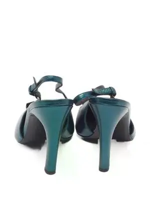 Tory Burch Teal Green Leather Metallic Square Toe Embellished Slingback Pumps