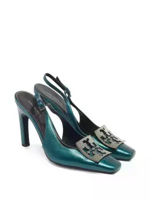 Tory Burch Teal Green Leather Metallic Square Toe Embellished Slingback Pumps