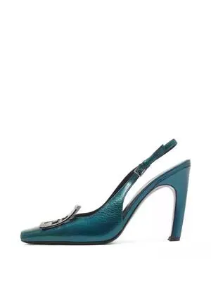Tory Burch Teal Green Leather Metallic Square Toe Embellished Slingback Pumps