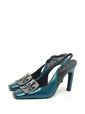 Tory Burch Teal Green Leather Metallic Square Toe Embellished Slingback Pumps