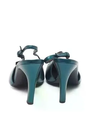 Tory Burch Teal Green Leather Metallic Square Toe Embellished Slingback Pumps