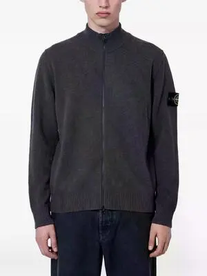 Stone Island Logo Patch Wool Zip-up Sweater - Brown