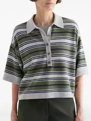 TWP Striped Short-sleeve Polo Sweater - Grey