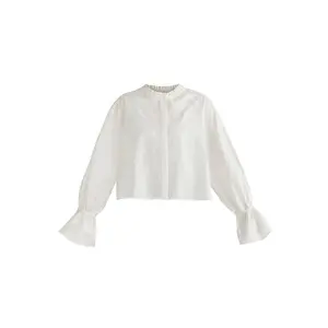 PAISIE Ruffle Round Neck Blouse With Cinch Wrist Detail - White